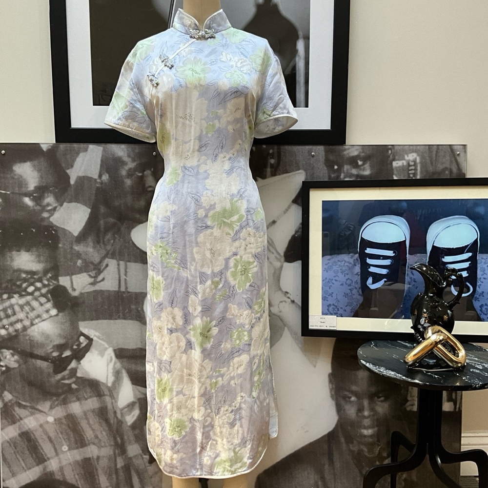 Cheongsam 1980s Light Blue And Green Water Color Dres… - Gem